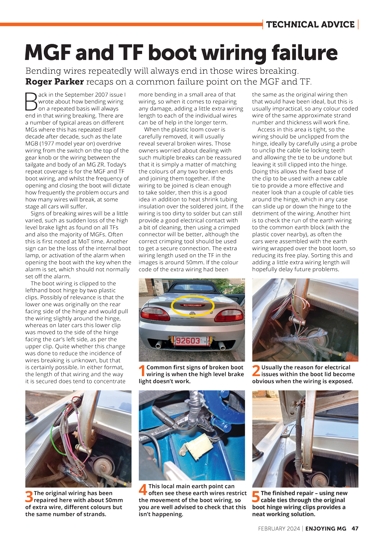 MGF & TF BOOT WIRING FAILURE - TECH TIP | The MG Owners' Club
